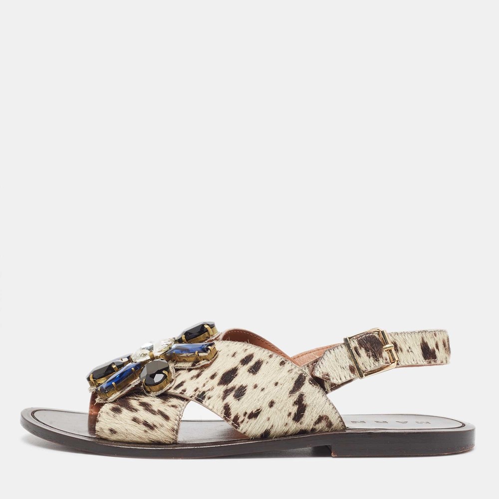Marni White/Brown Animal Print Calf Hair Crystal Embe… - Gem